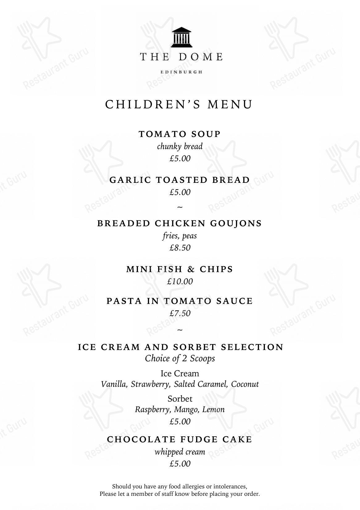 Menu at The Dome pub & bar, Edinburgh, 14 George St