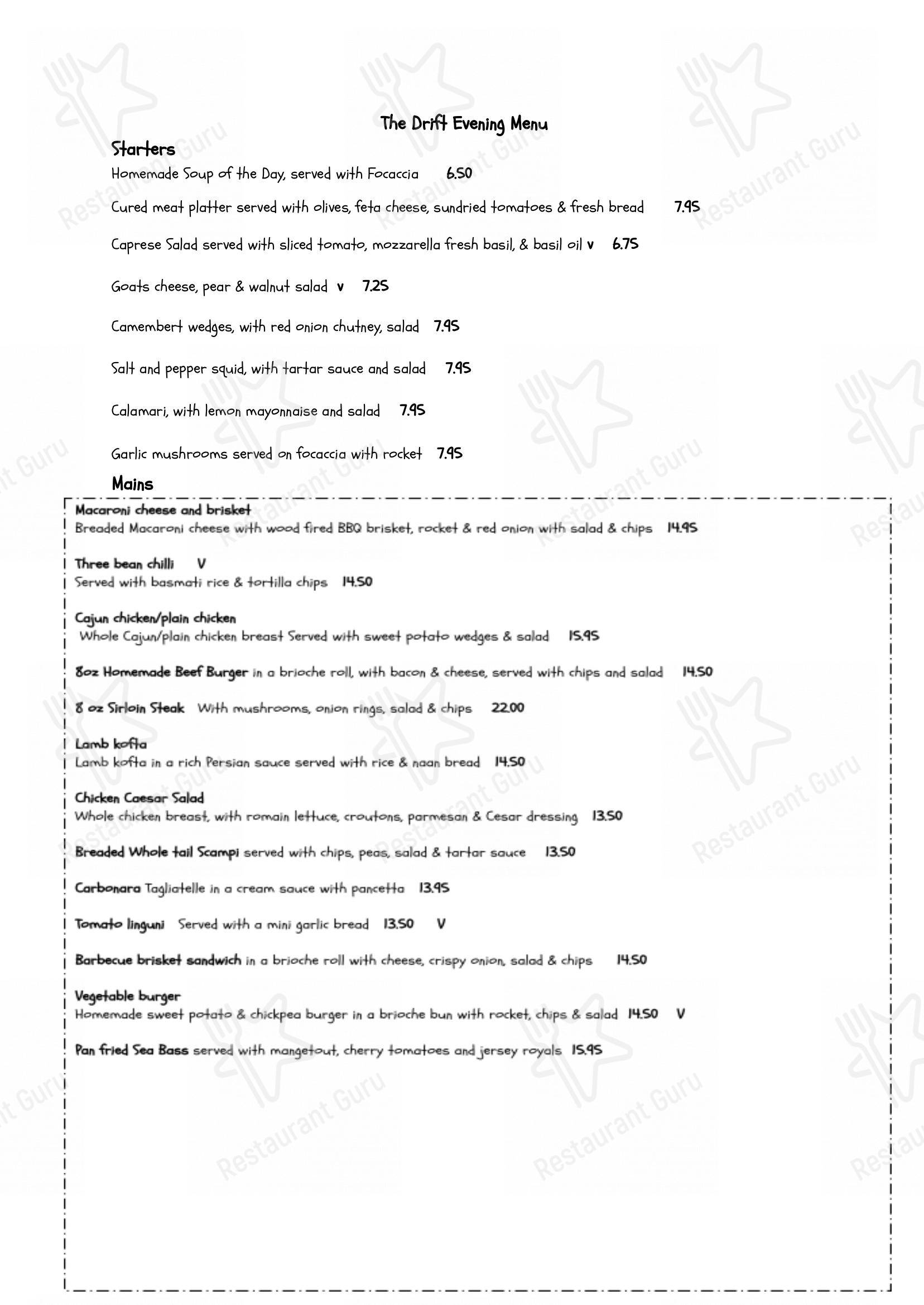 Menu at The Drift restaurant, Bideford