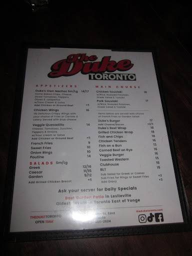 Menu at The Duke pub & bar, Toronto, Queen St E