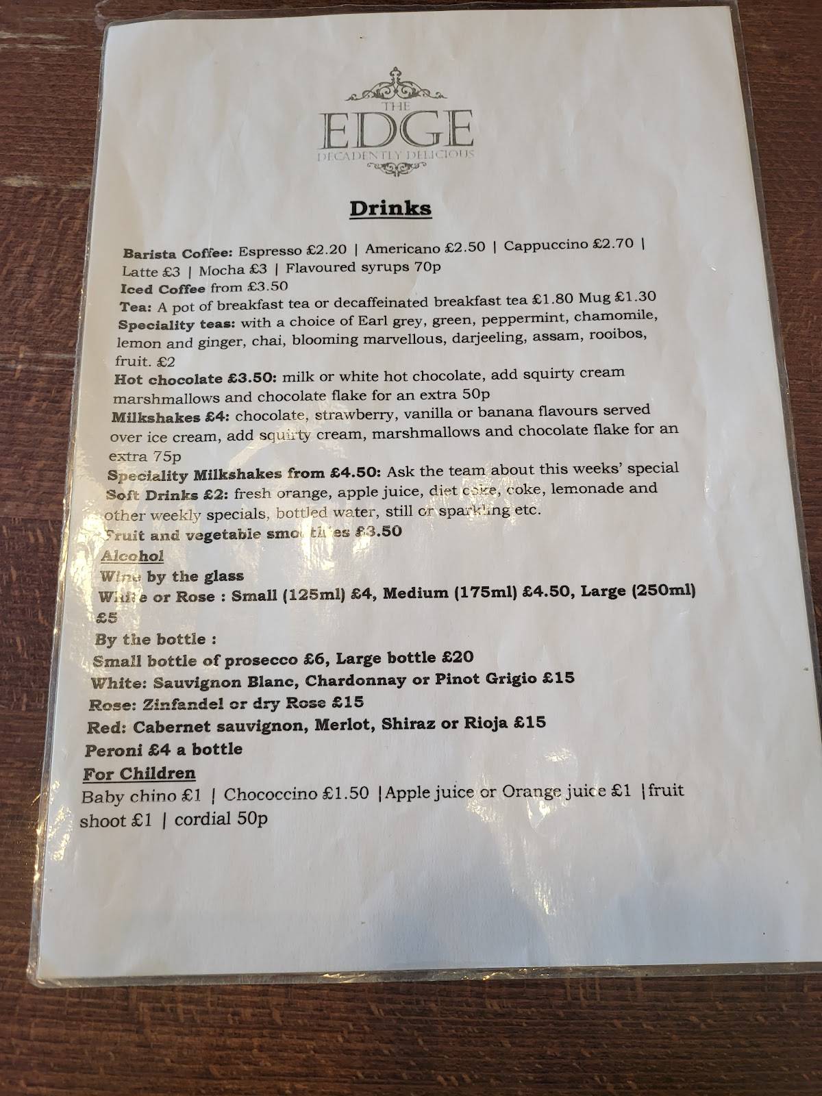 Menu at The Edge cafe, Ormskirk