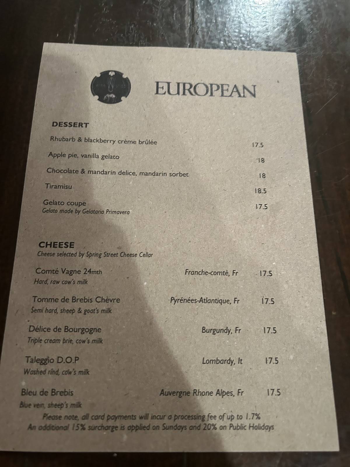 Menu at The European restaurant, Melbourne