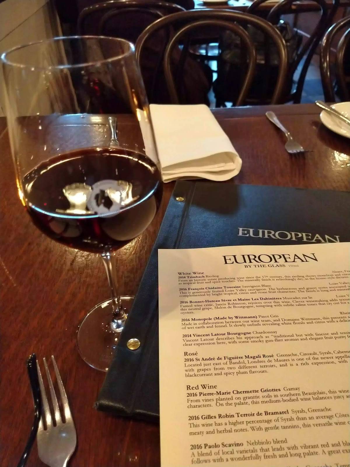 Menu at The European restaurant, Melbourne
