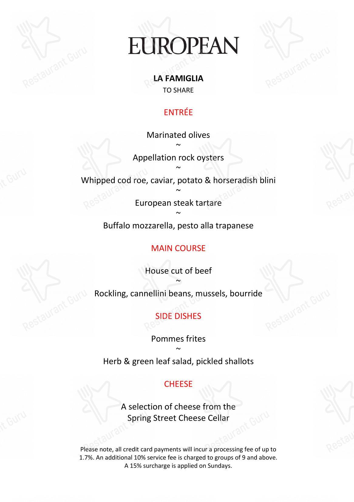Menu at The European restaurant, Melbourne