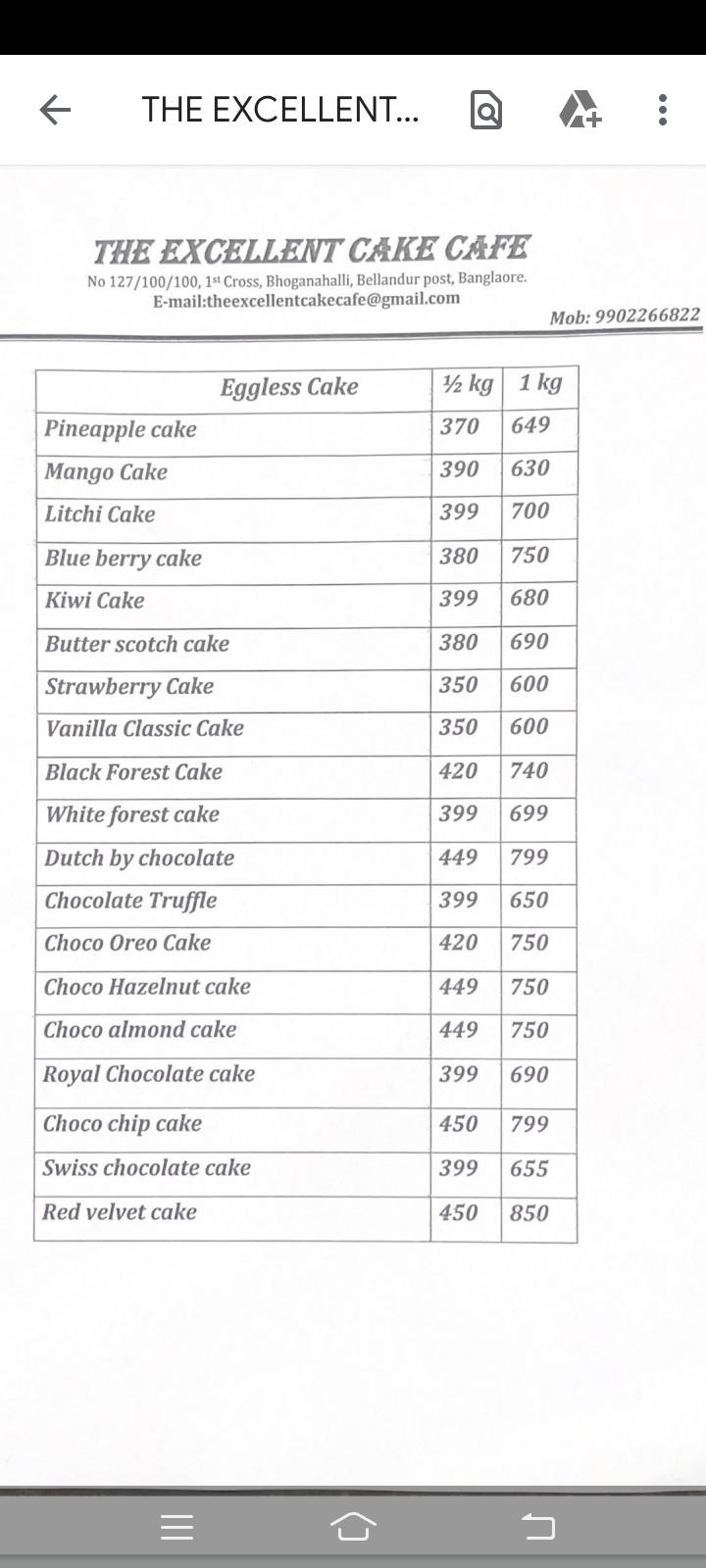 Menu at The Excellent Cake Cafe, Bengaluru