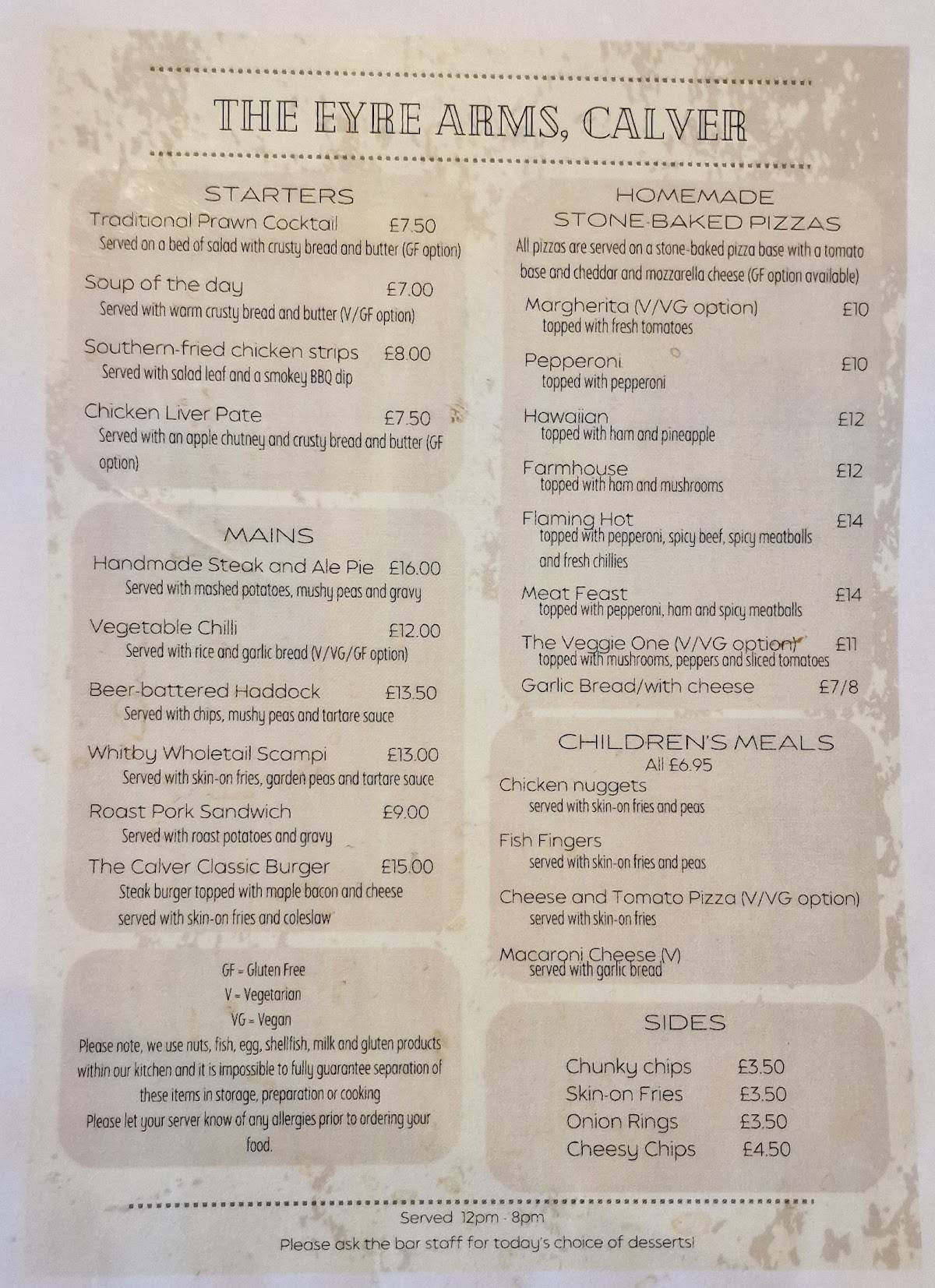 Menu at The Calver Arms pub & bar, Eyam, Peak District National Park