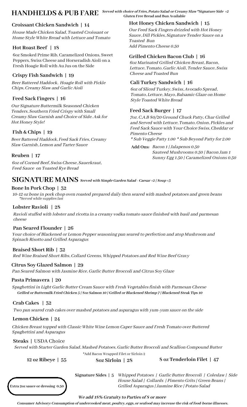 Menu at The Feed Sack - Aiken, SC restaurant, Aiken
