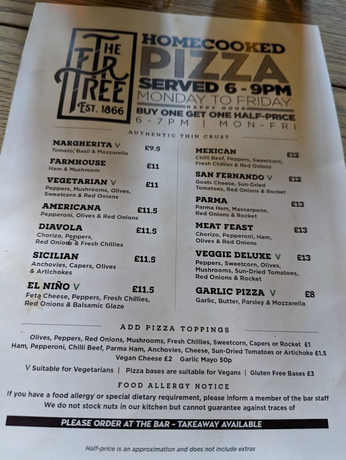 Menu at The Fir Tree Pub, Oxford