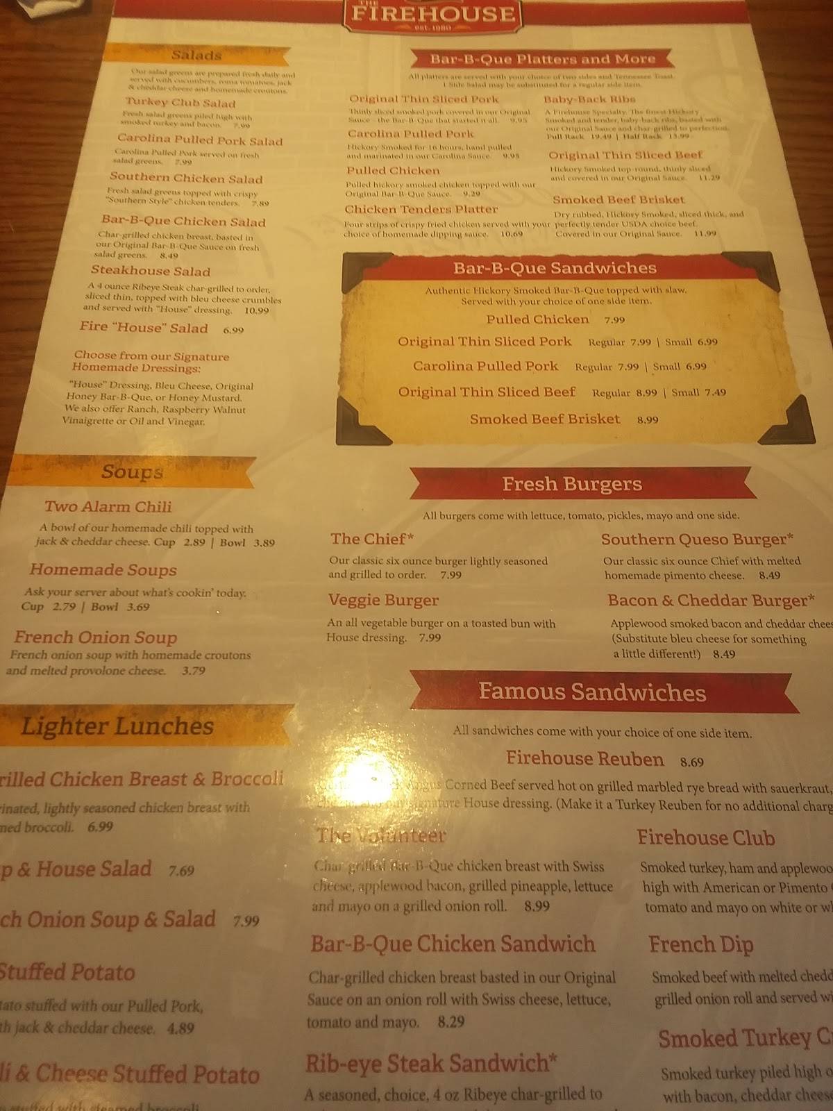 Menu at The Firehouse BBQ, Johnson City