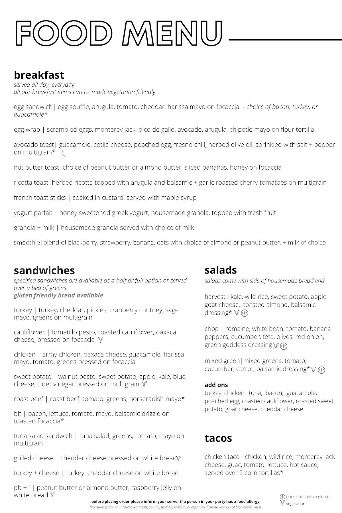 Menu at The Firestone Art studio + Cafe, Manchester