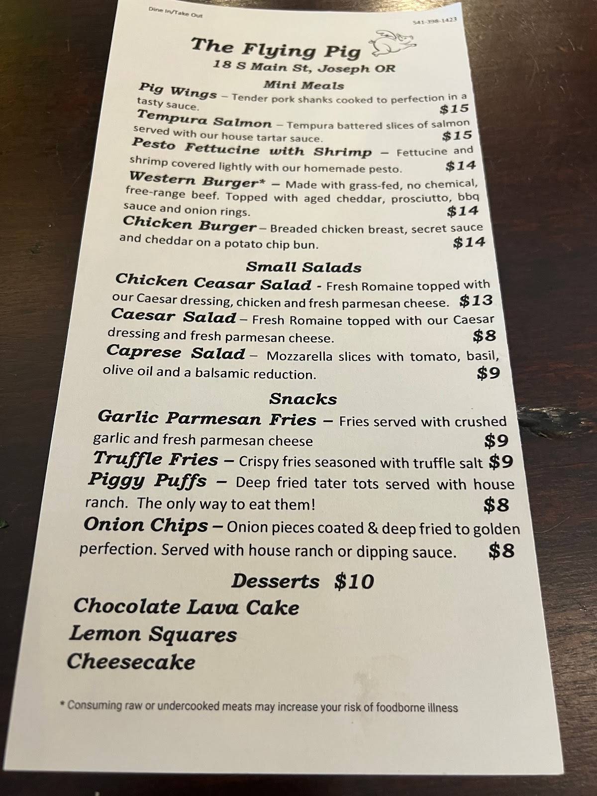 Menu at The Flying Pig Bar, Joseph