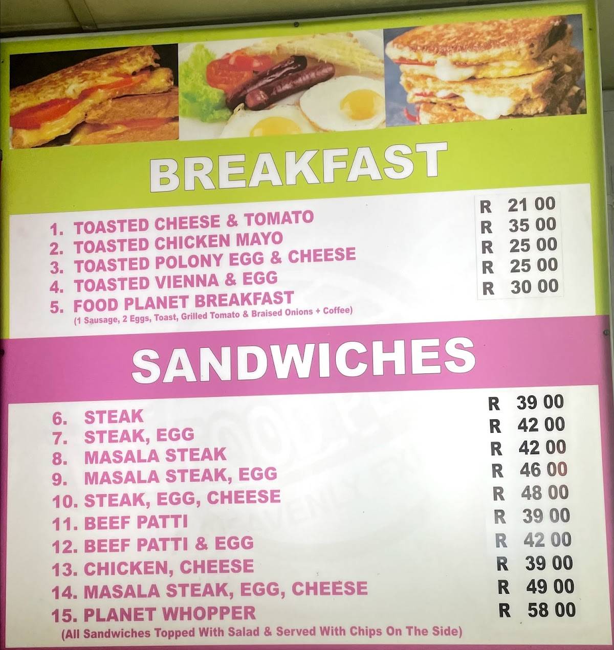 Menu at The Food Planet restaurant, Cape Town, 1 De Kock St