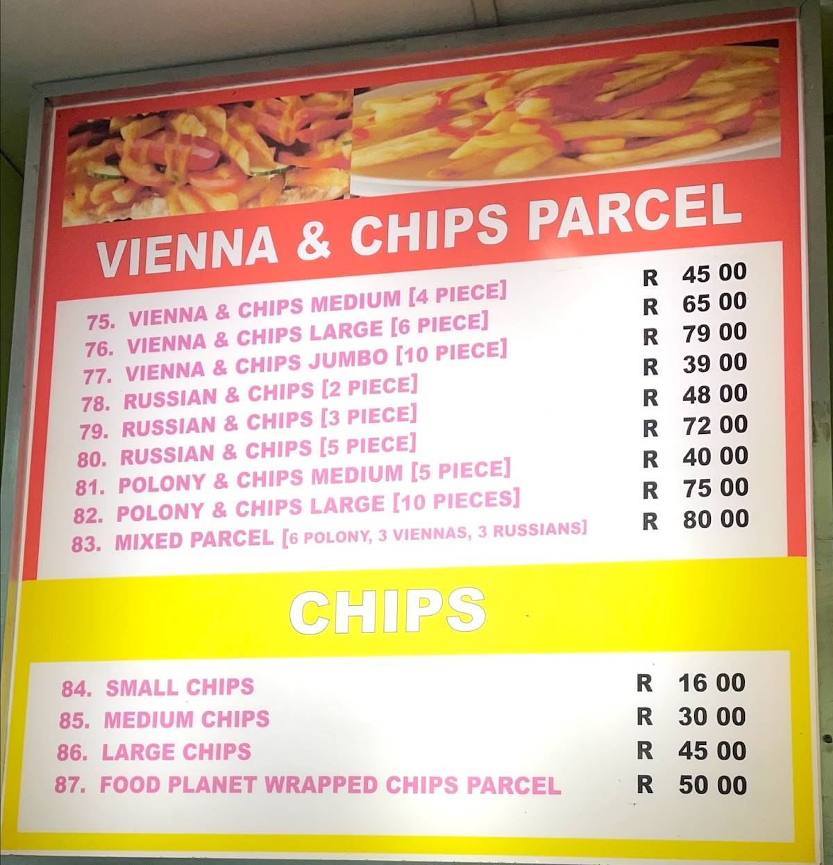 Menu at The Food Planet restaurant, Cape Town, 1 De Kock St