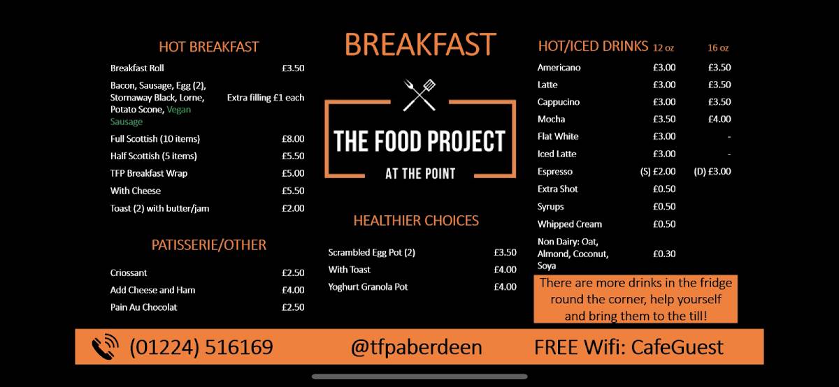 Menu at The Food Project at the Point cafe, Aberdeen