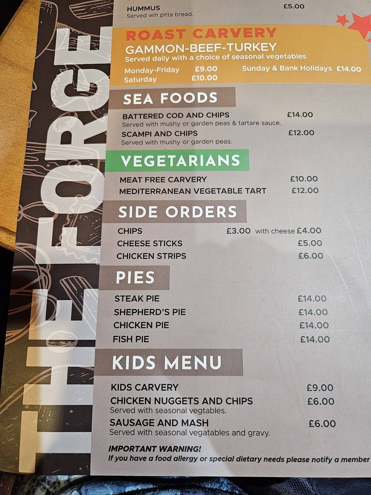 Menu at The Forge restaurant, Waltham Chase