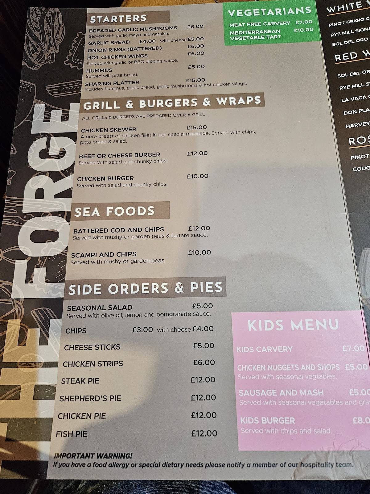 Menu at The Forge restaurant, Waltham Chase