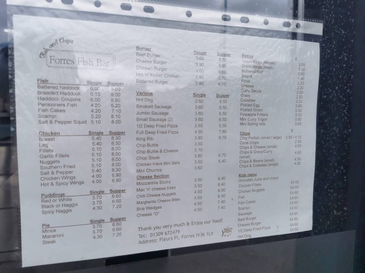 Menu at The Forres Fish Bar, Forres