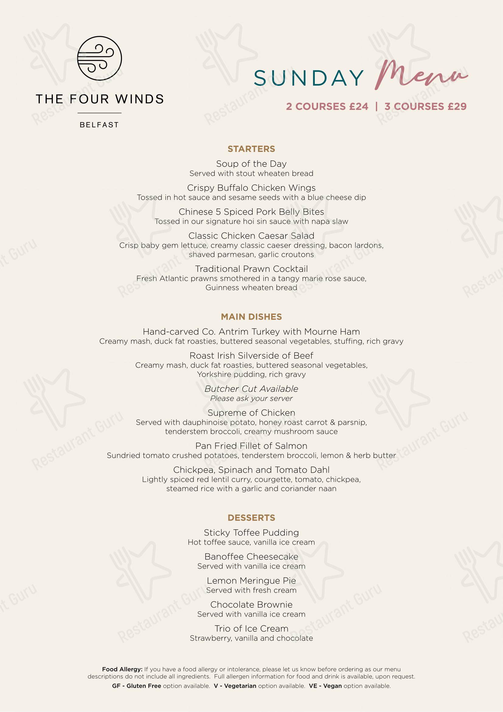 Menu at The Four Winds restaurant, Belfast