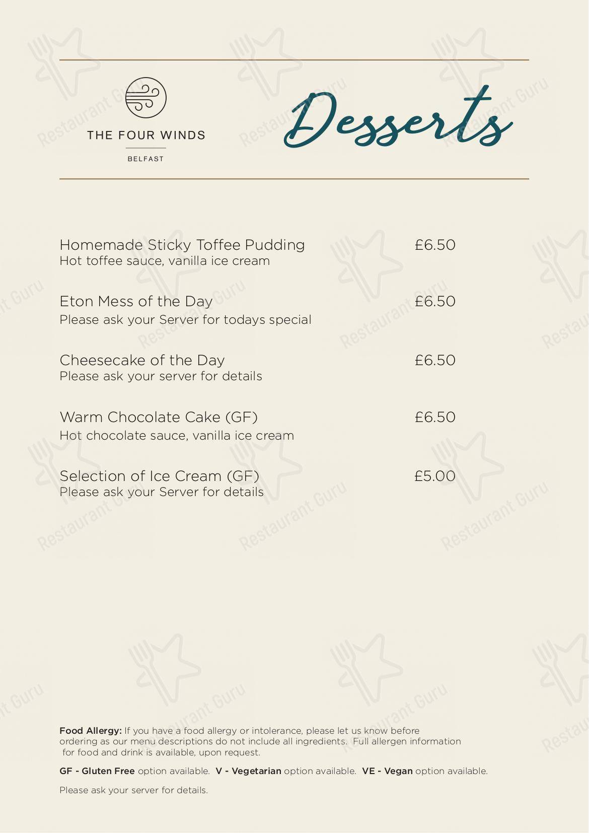Menu at The Four Winds restaurant, Belfast