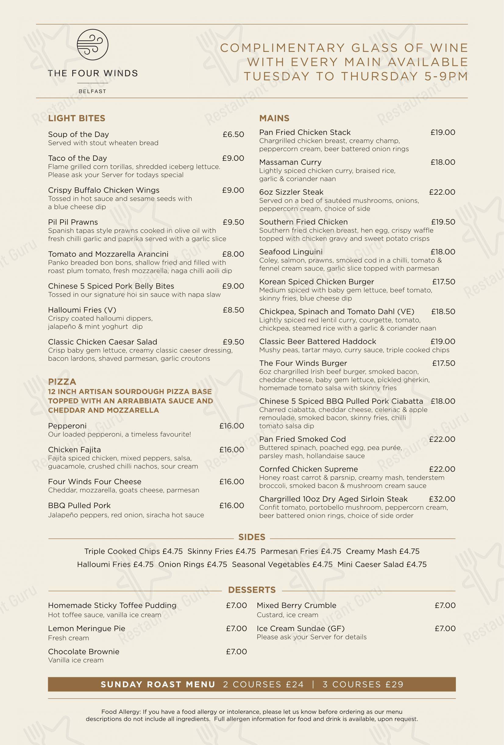 Menu at The Four Winds restaurant, Belfast