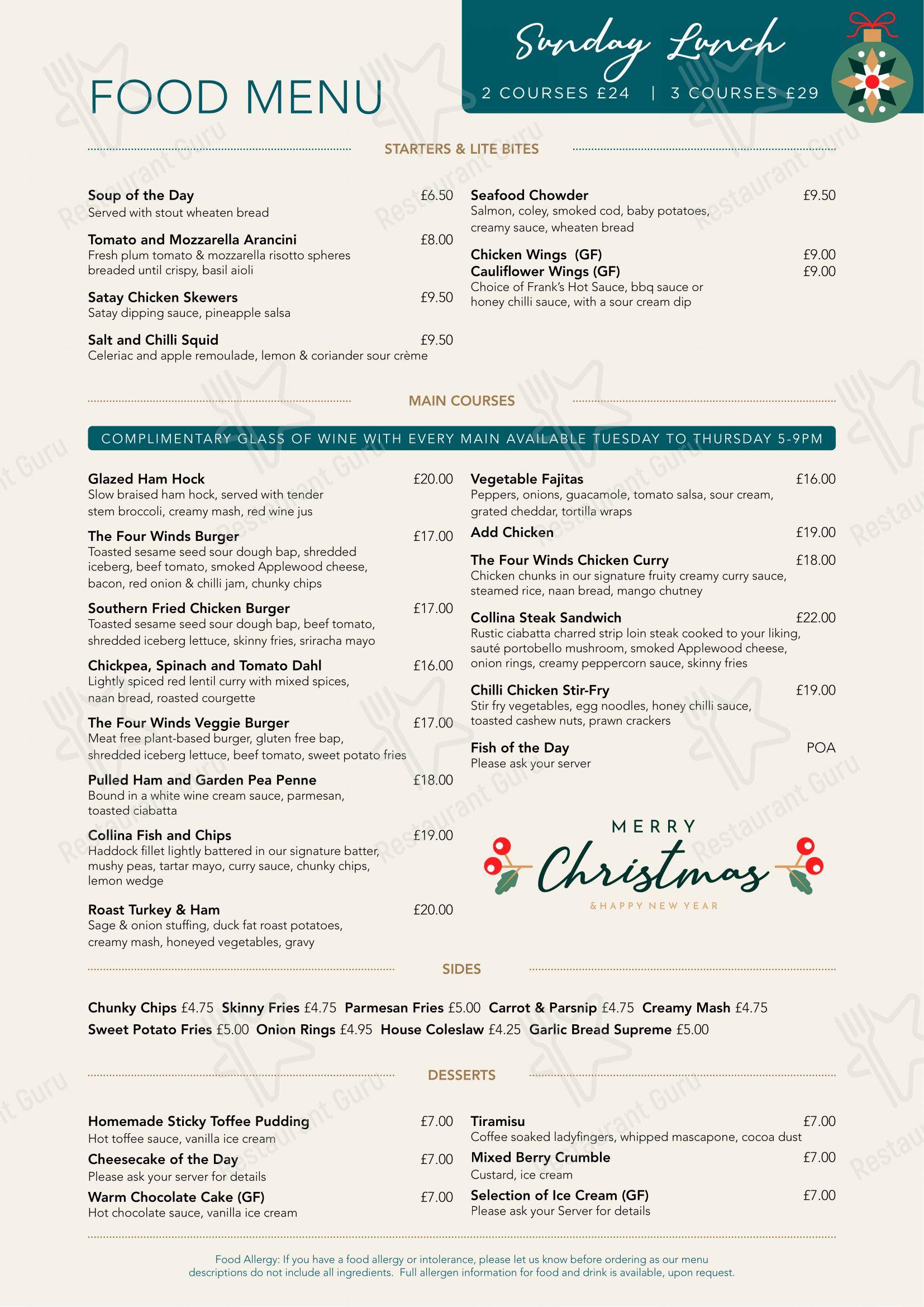 Menu at The Four Winds restaurant, Belfast