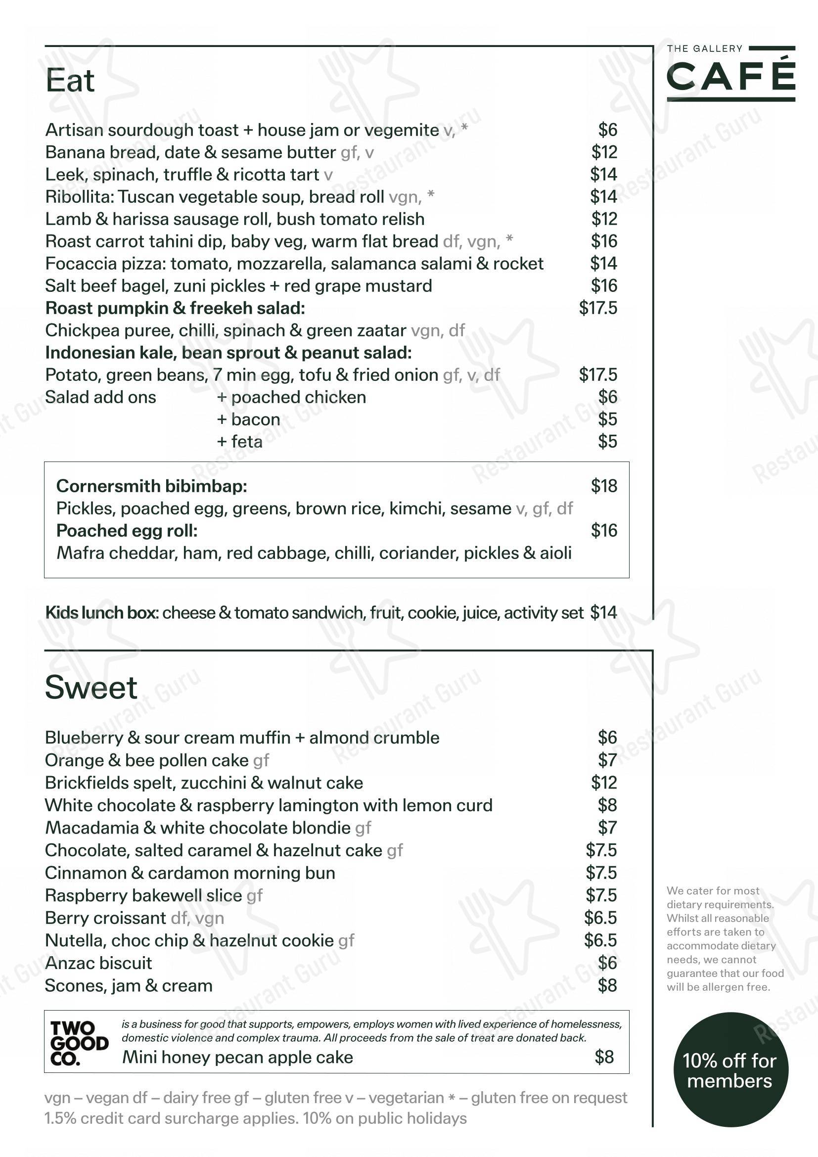 Carta de The Gallery Cafe, Sydney