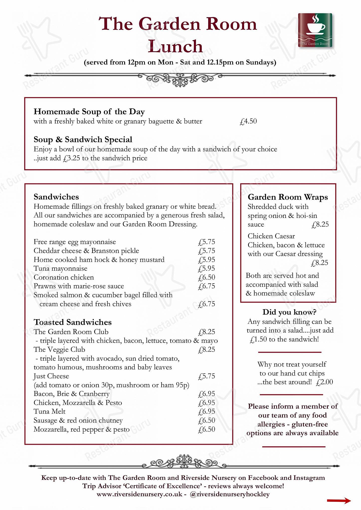 Menu at The Garden Room cafe, Hockley, Lower Road