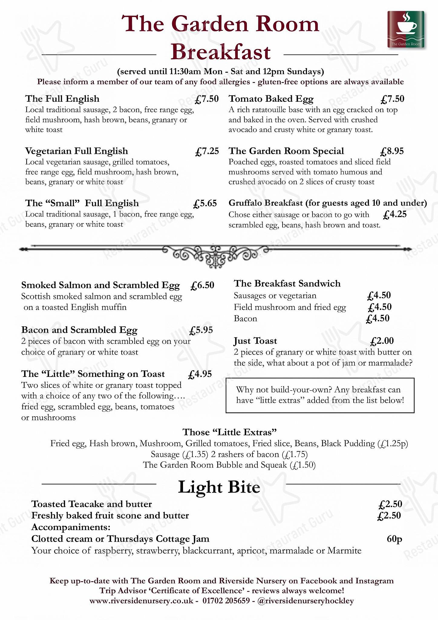 Menu at The Garden Room cafe, Hockley, Lower Road