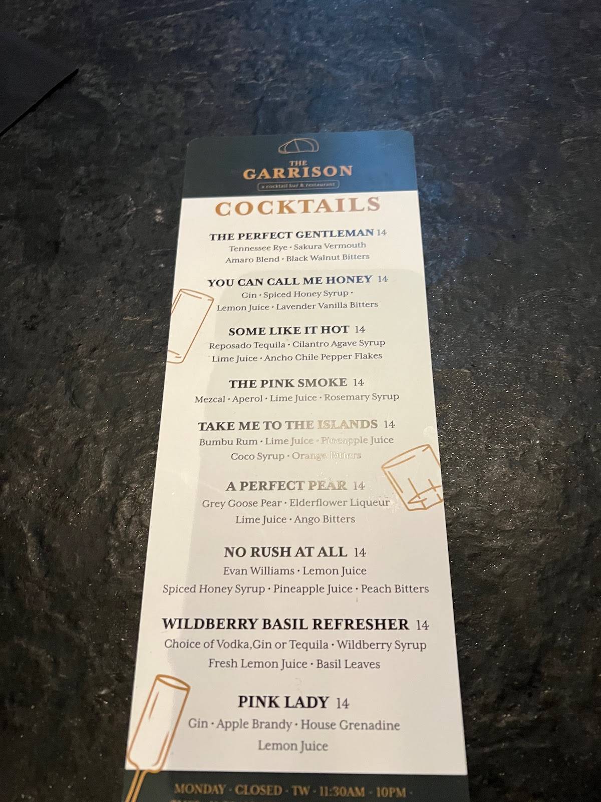 Carta de The Garrison Cocktail Bar & Restaurant, Pineville