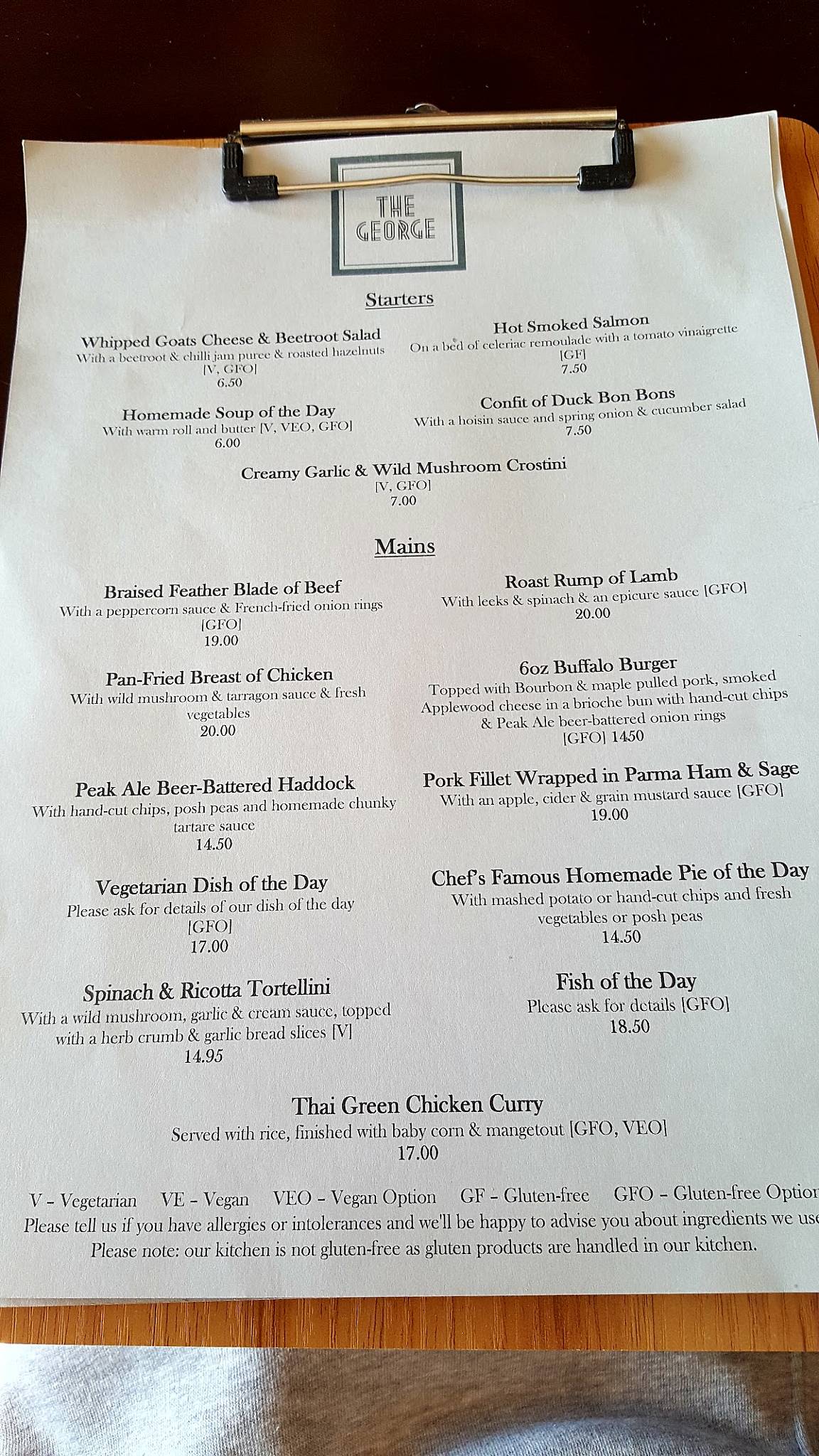 Menu at The George restaurant, North Wingfield