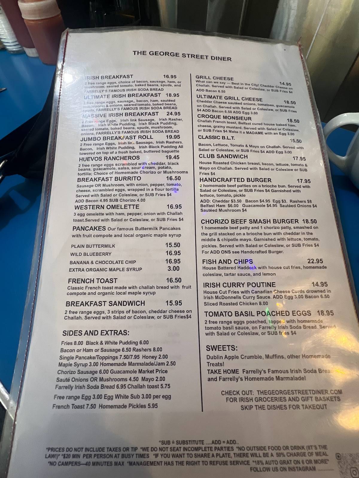 Menu at The George Street Diner restaurant, Toronto