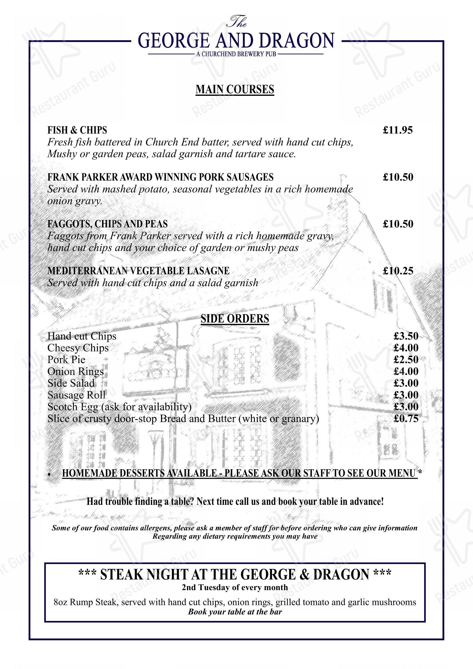 Menu at The George & Dragon pub & bar, Nuneaton