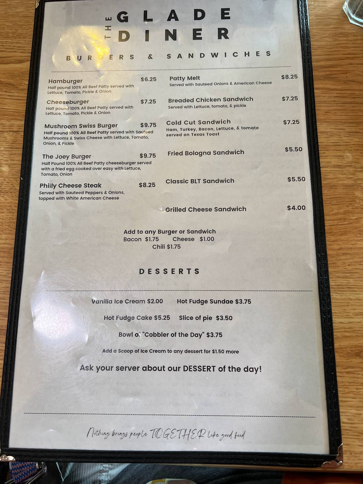 Menu at The Glade Diner restaurant, Mount Juliet