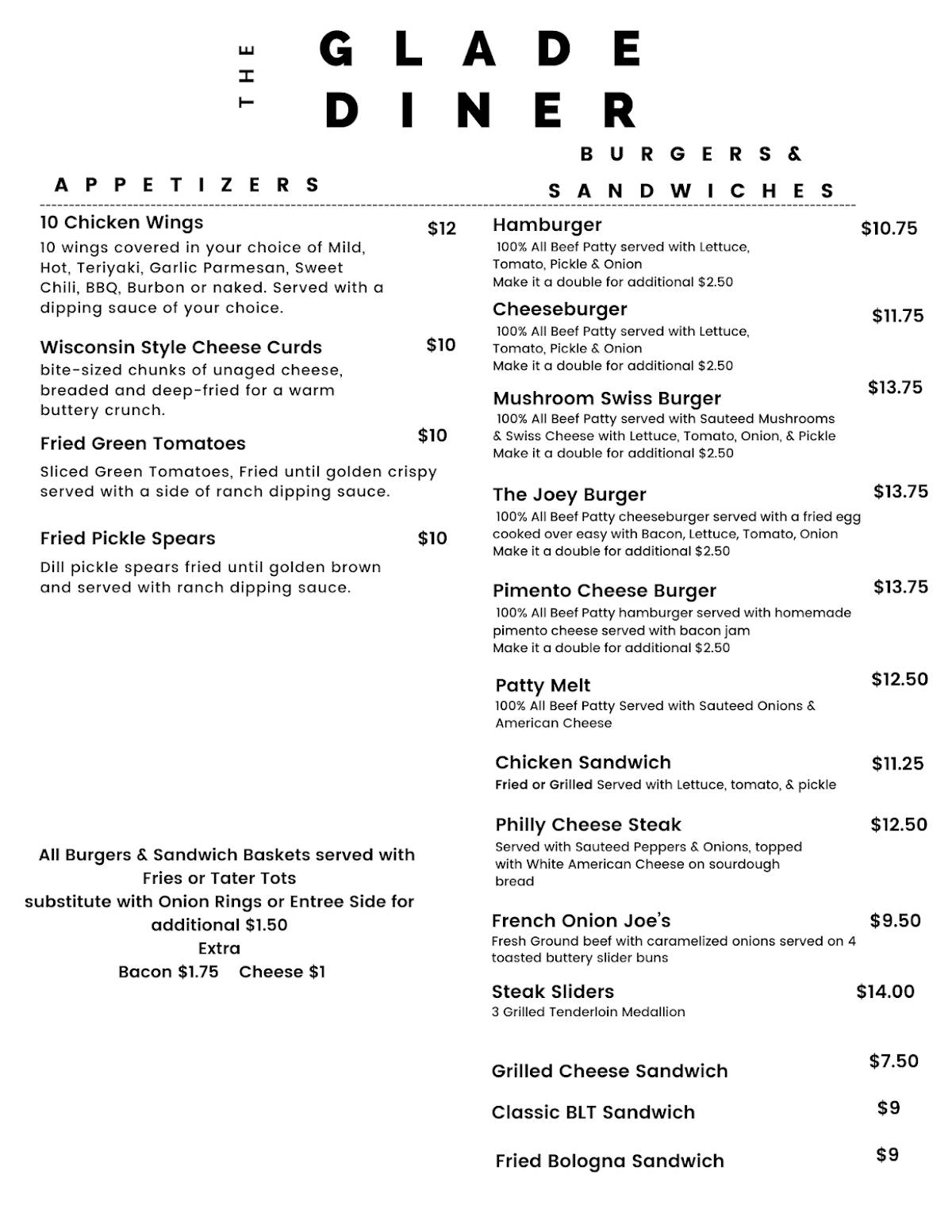 Menu at The Glade Diner restaurant, Mount Juliet