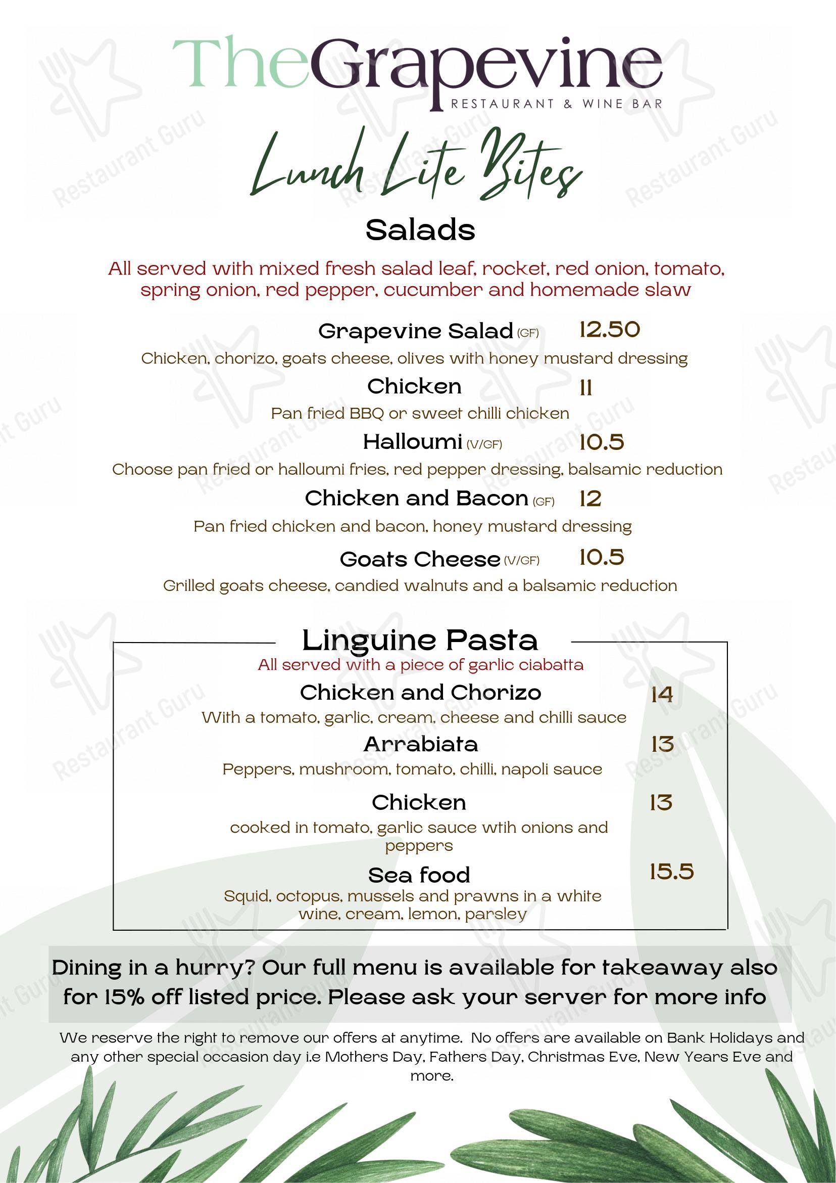 Menu at The Grapevine Restaurant, Southport