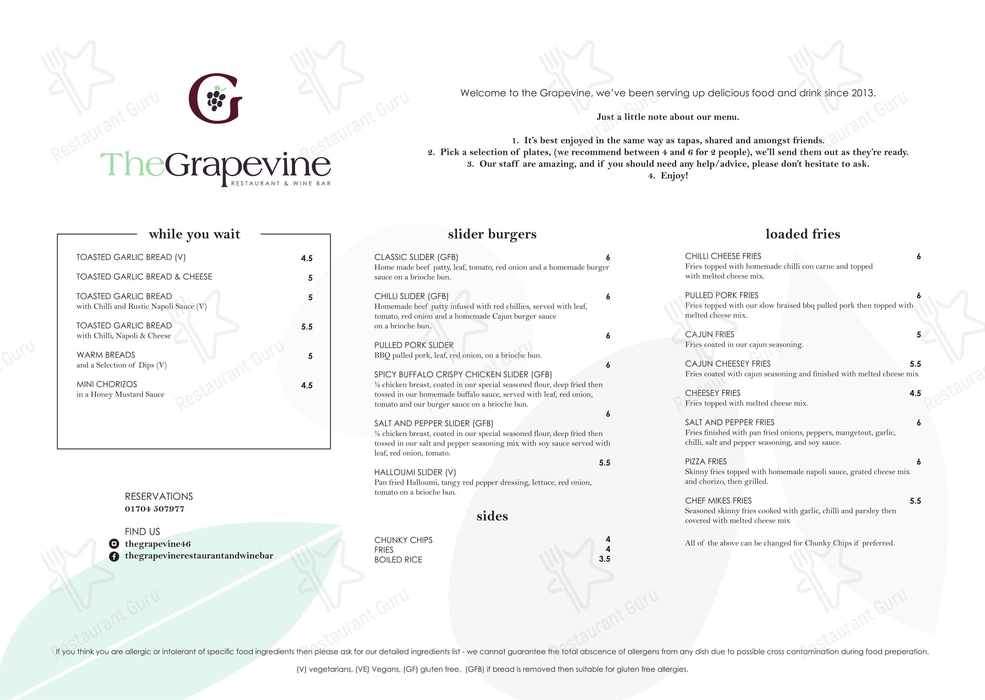 Menu at The Grapevine Restaurant, Southport