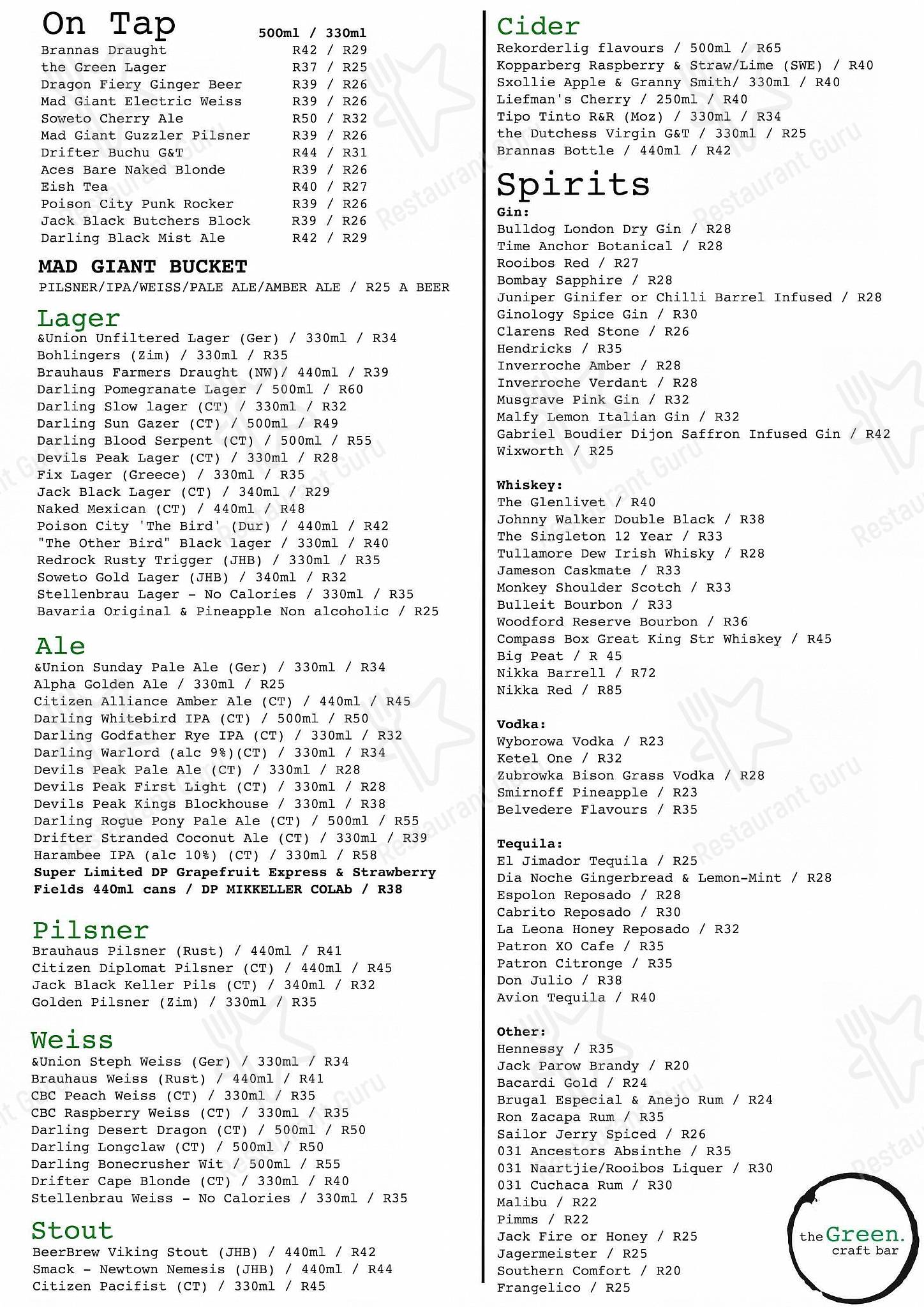 Menu at The Green Craft Bar, South Africa, Modderfontein Golf Club