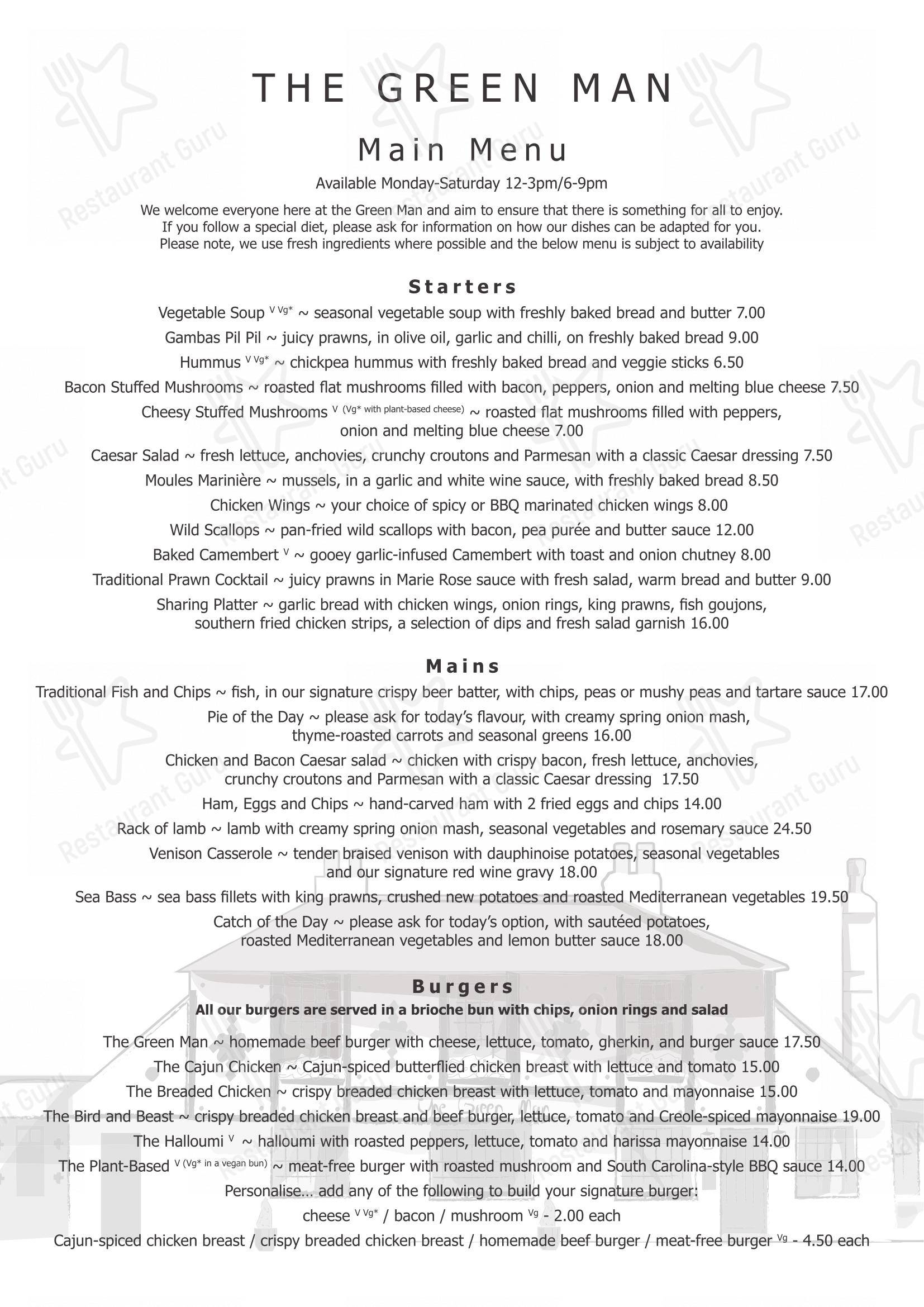 Menu at The Green Man pub & bar, Brentwood, 11 Cricketers Ln