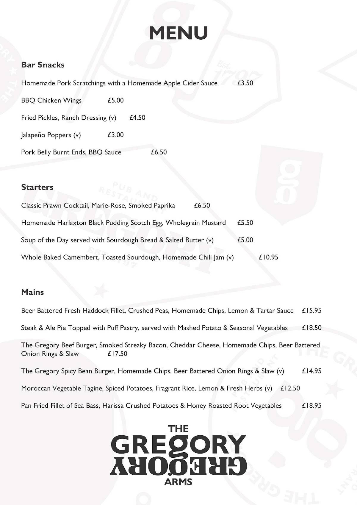 Menu at The Gregory Arms pub & bar, Grantham