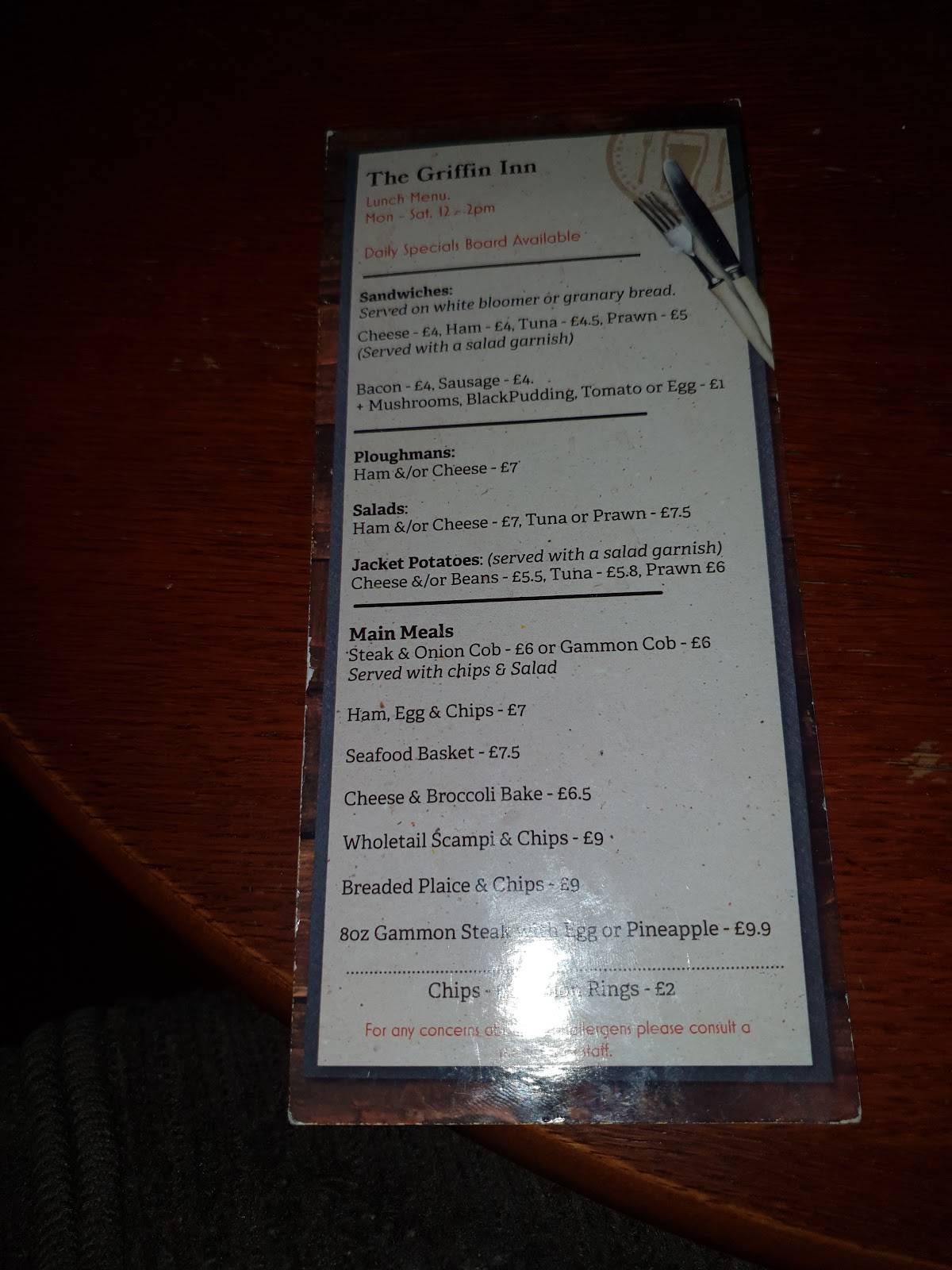 Menu at The Griffin Inn pub & bar, Birmingham