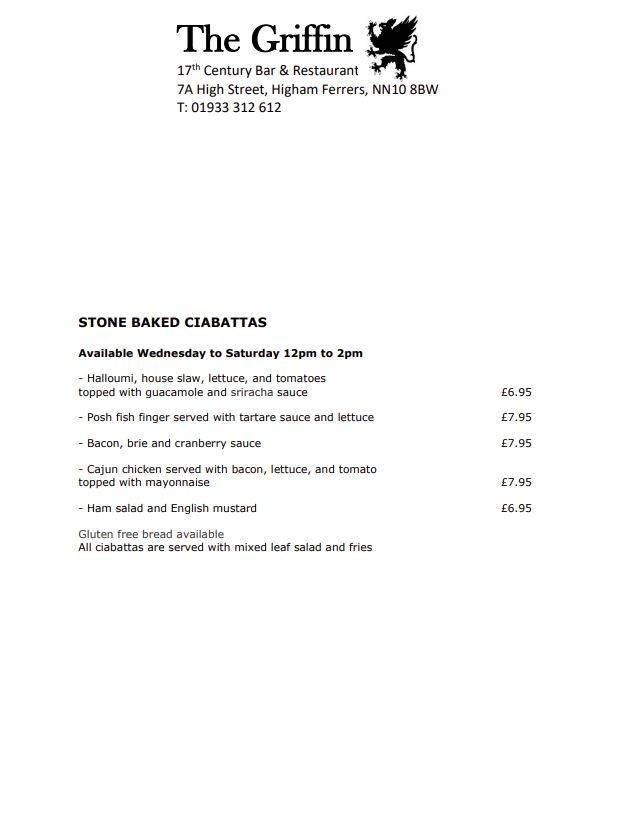 Menu at The Griffin Inn pub & bar, Rushden