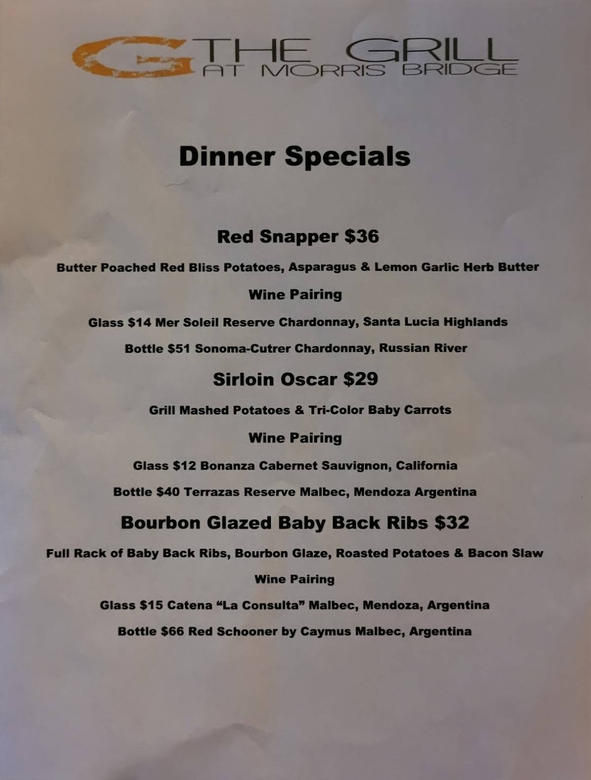 Menu at The Grill At Morris Bridge restaurant, Tampa