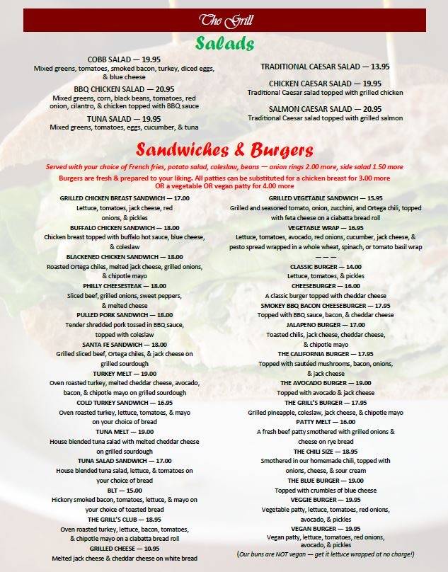 Menu at The Grill restaurant, Lone Pine