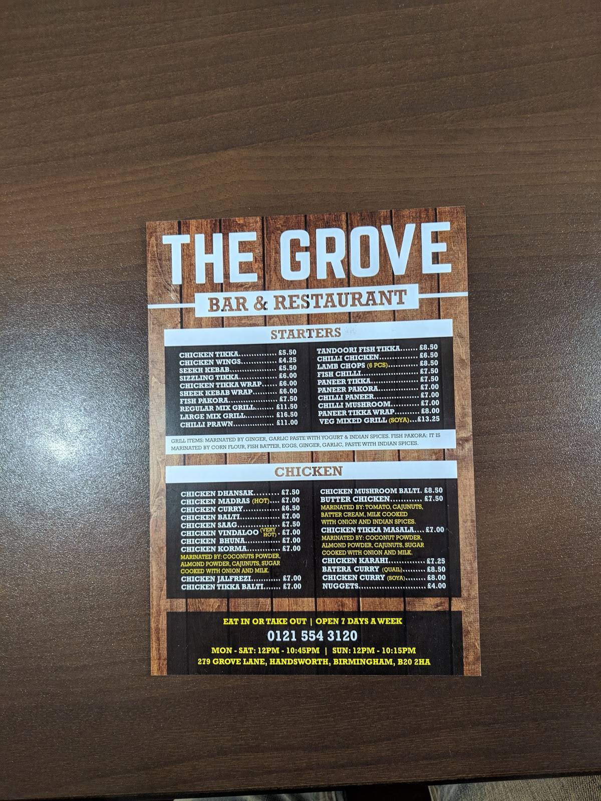 Menu at The Grove Bar & Restaurant, Birmingham