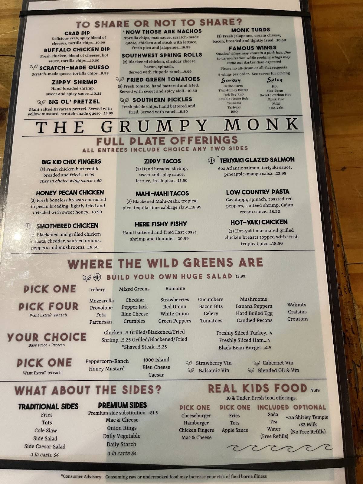 Menu at The Grumpy Monk Carolina Forest restaurant, Myrtle Beach