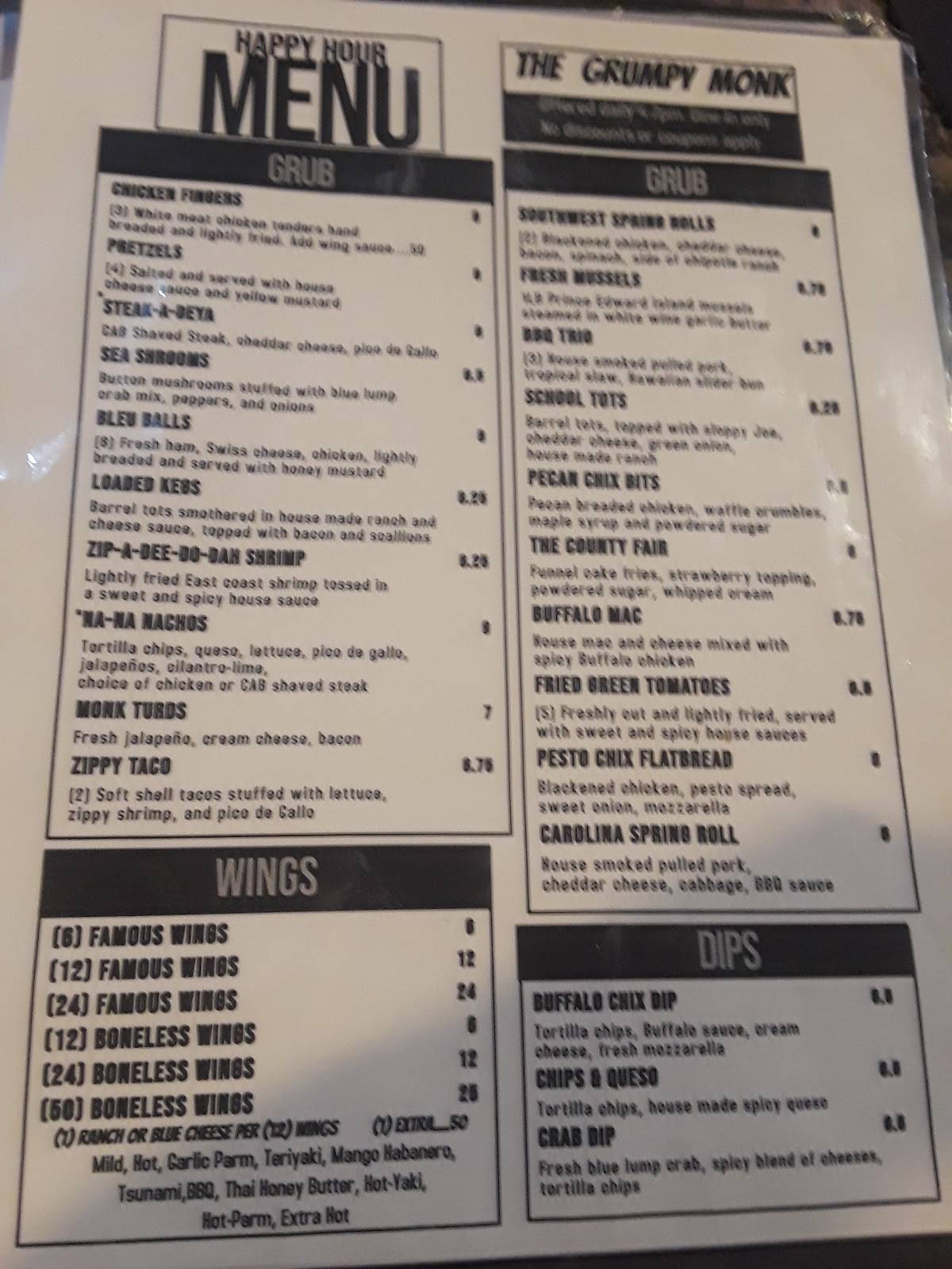 Menu at The Grumpy Monk Carolina Forest restaurant, Myrtle Beach
