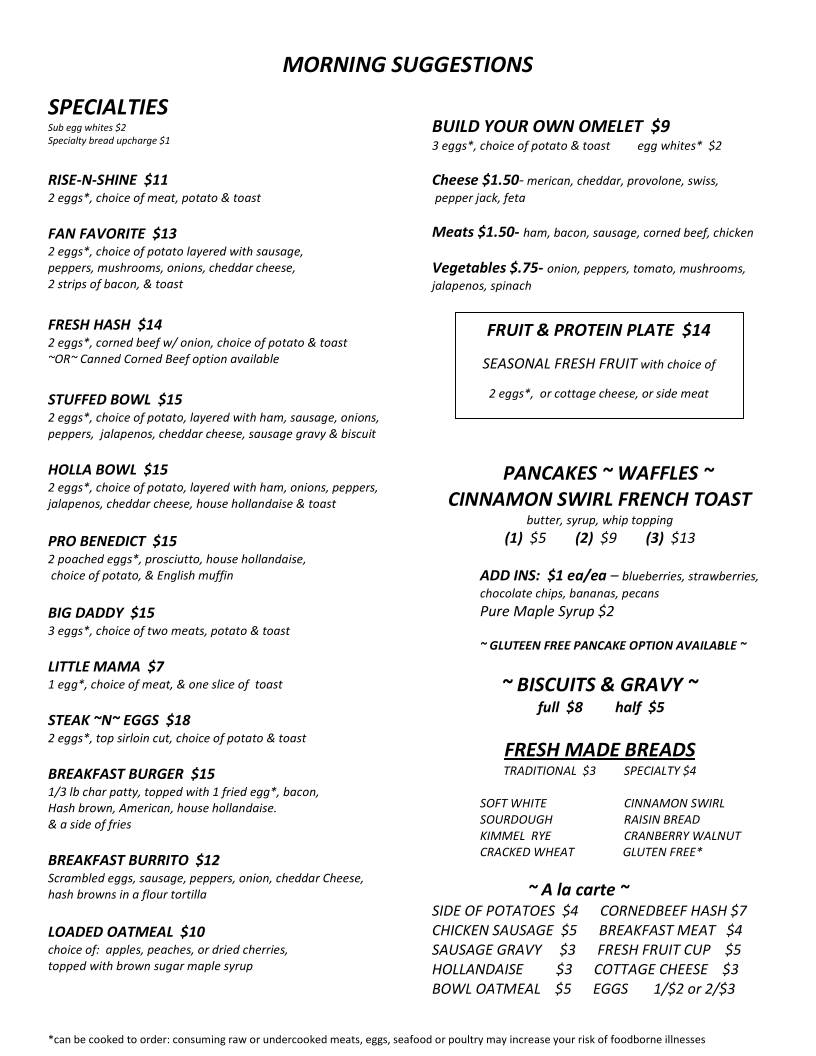 Menu at The Hen's Den restaurant, Mancelona