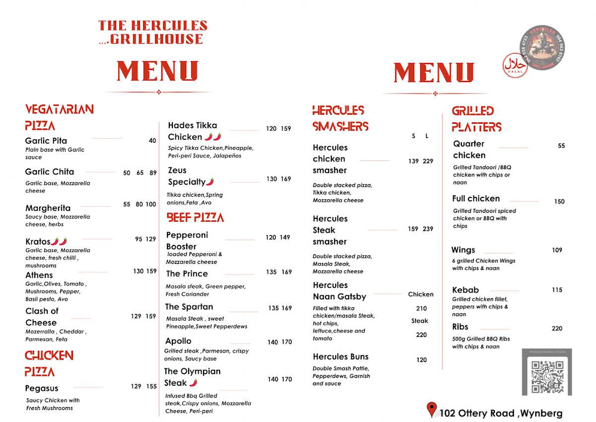 Menu at The Hercules Grill house restaurant, Cape Town