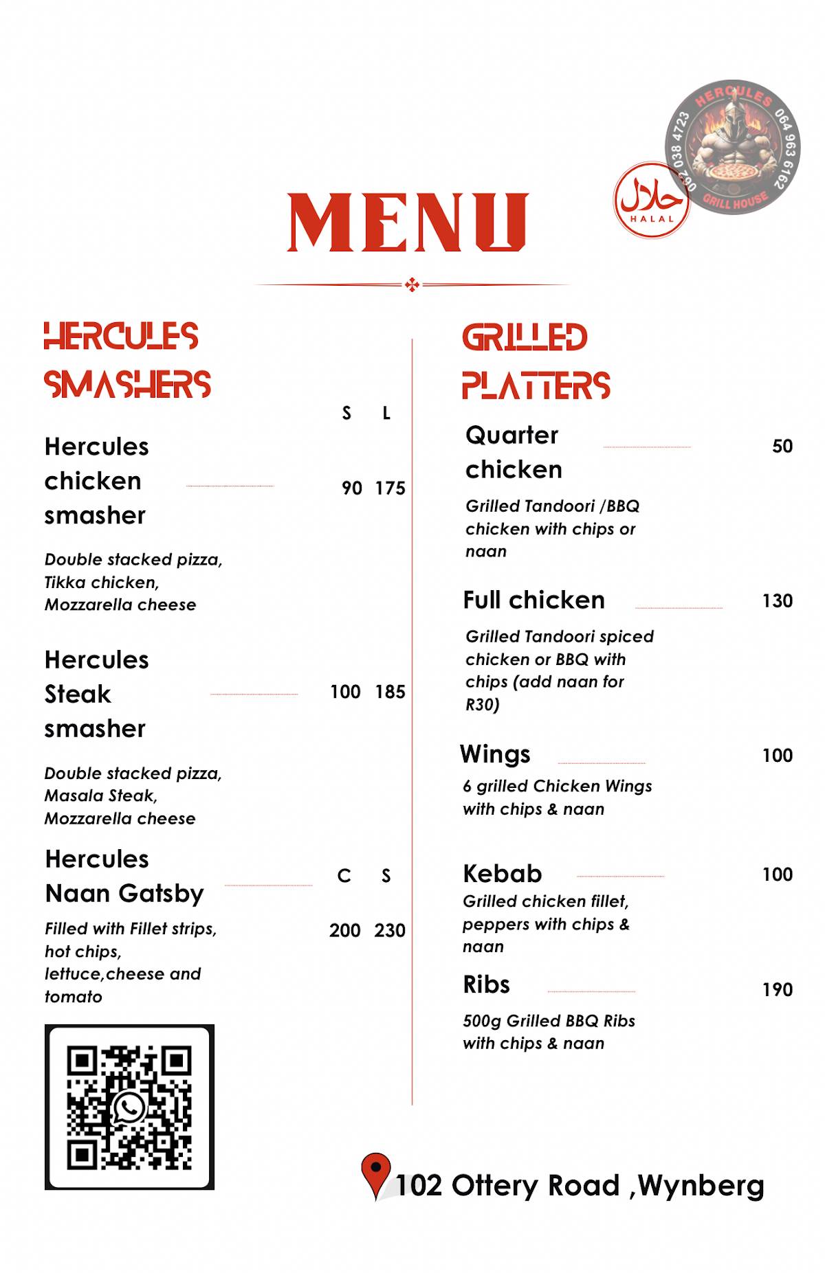 Menu at The Hercules Grill house restaurant, Cape Town