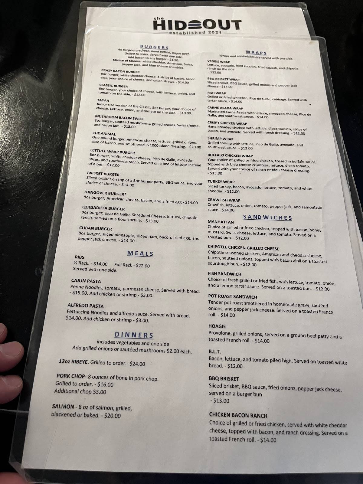 Menu at The Hideout restaurant, Morris