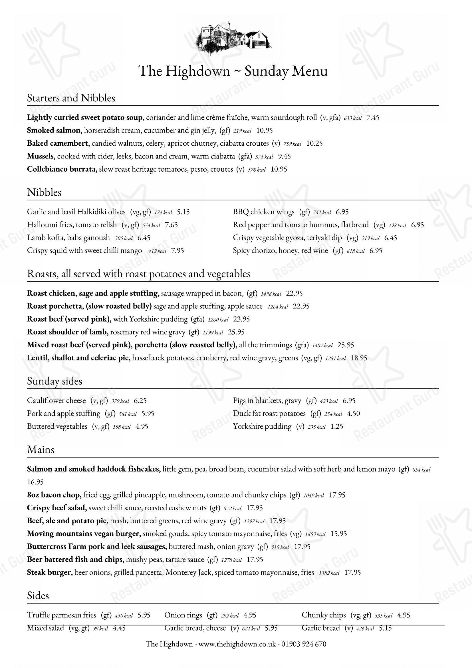Menu at The Highdown pub & bar, Worthing